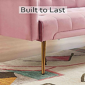 RIDFY 70” Modern Velvet Futon Sofa Bed, Convertible Sleeper Couch with Metal Legs/Armrests, Folding Upholstered Loveseat, 3 Adjustable, Memory Foam Living Seat, Recliner Sofa (Pink)