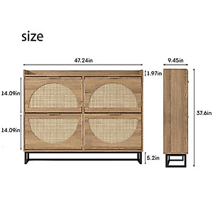 Maupvit Large Rattan Shoe Storage Cabinet with 4 Flip Drawers, Freestanding Shoe Organizer with Metal Legs for Entryway, Hidden Golden Handles, Narrow Shoe Rack Cabinet, Rustic Oak Rattan
