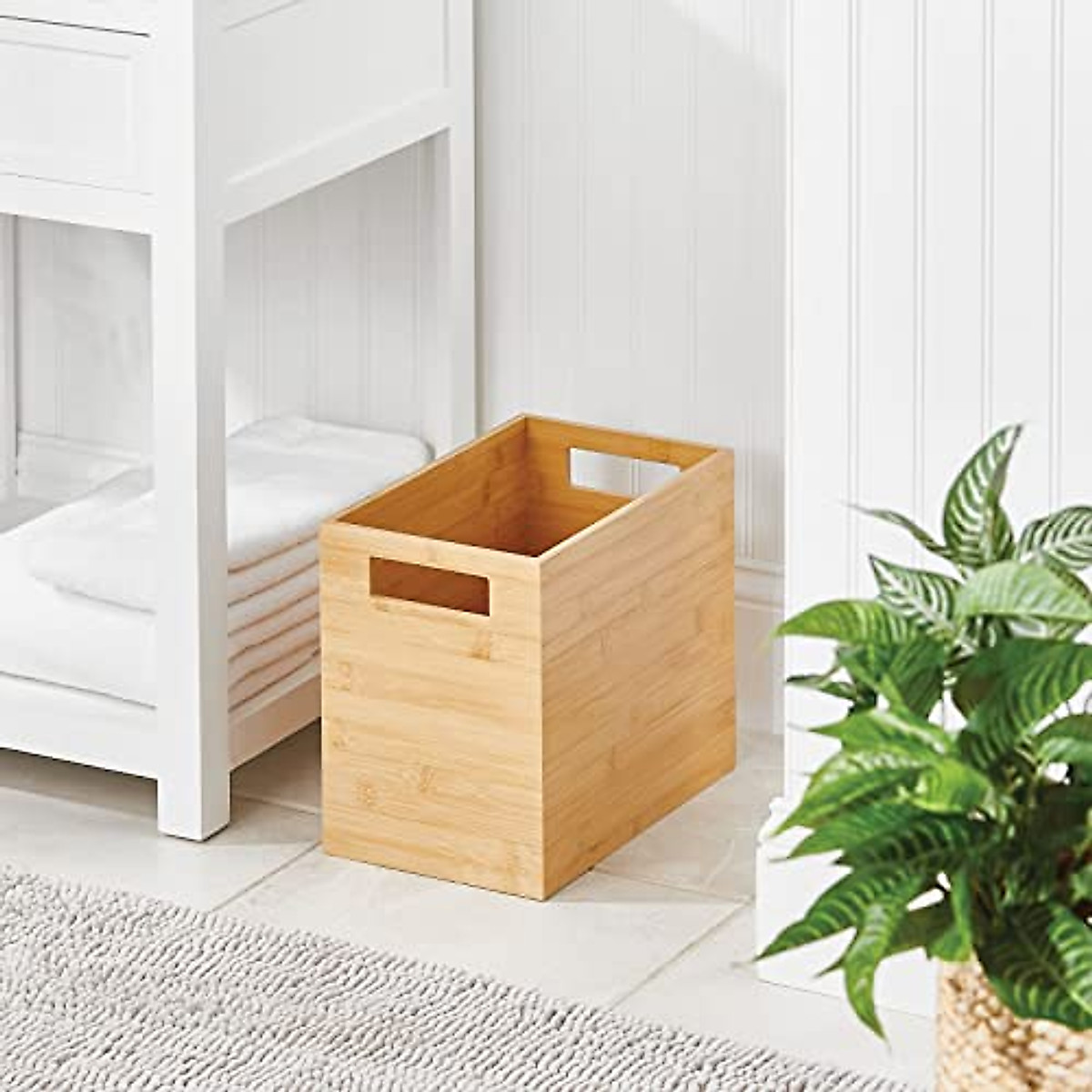 mDesign Rectangular Trash Can Wastebasket, Garbage Container Bin - Built-in Handles - for Bathrooms, Powder Rooms, Kitchens, Home Offices - Natural Bamboo Wood