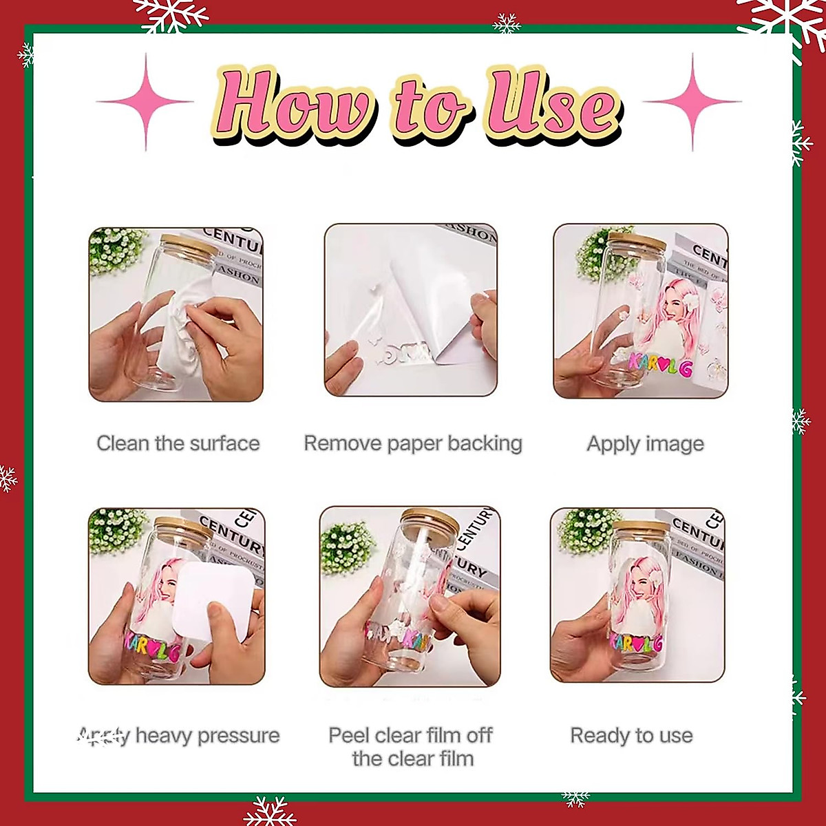 UV DTF Cup Wrap Transfer for Glass, 4 Sheet Rub on transfers for Crafts Christmas Iron-on Decals, Merry Christmas Rub on Transfer Stickers, Glass Cups Furniture DIY Crafts, Waterproof Ready to Press