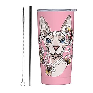 Sphynx Cat With Cherry Flowers Stainless Steel Tumbler With Lid And Straw 20oz Insulated Coffee Mug & Tea Cup Travel Coffee Mug Car Thermos Cup