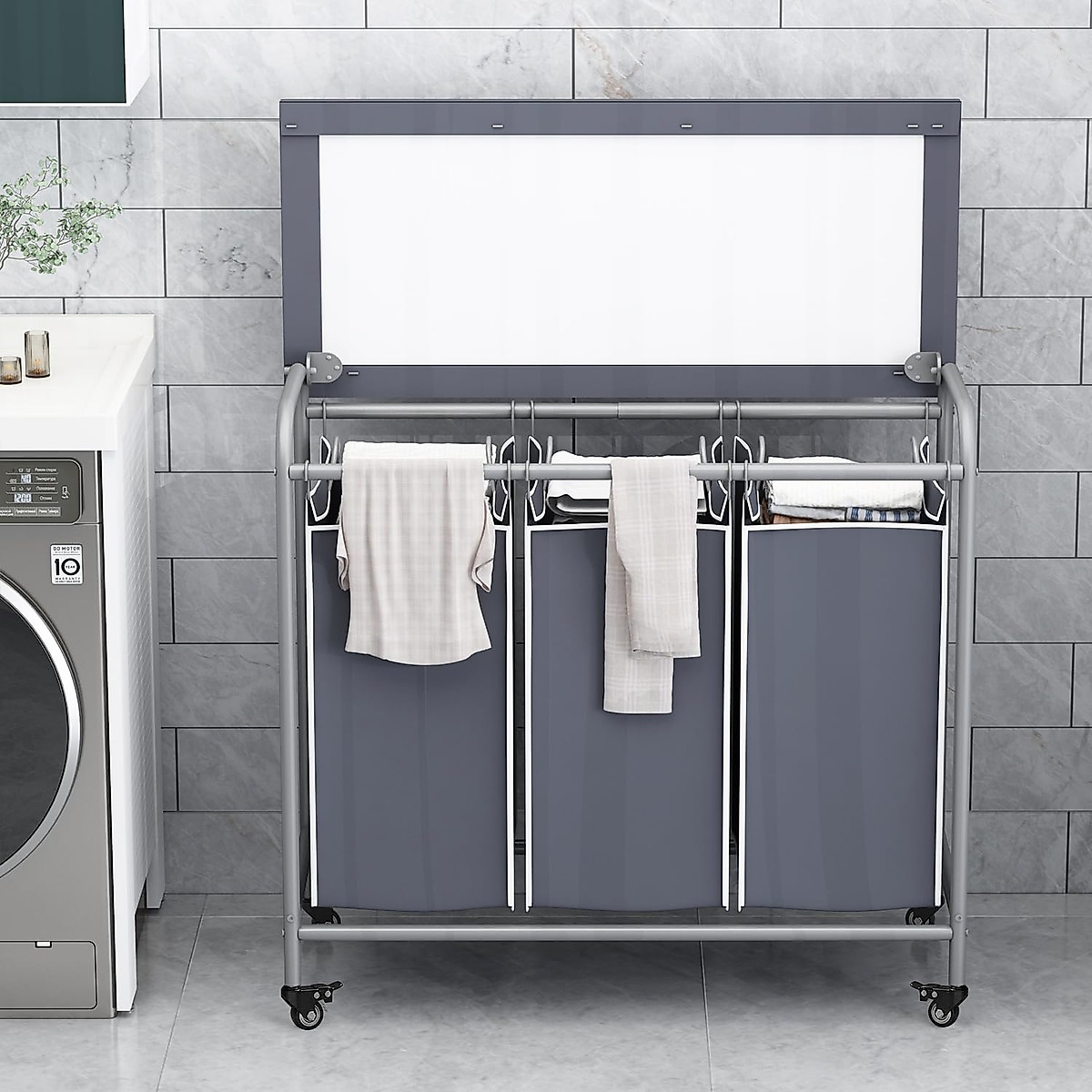 LINZINAR 3 Bag Laundry Basket Sorter Heavy Duty Rolling Lockable Wheels Laundry Hamper Cart with Ironing Board and Removable Bags, Grey
