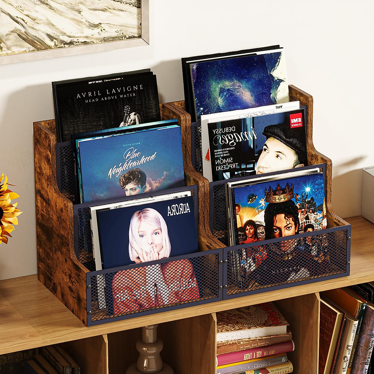 Yuzehuaza Vinyl Record Storage Holder, Stepped 3 Tier LP Vinyl Record Crate with Metal Grid, Wooden Album Storage Desktop Organizer Box for Vinyl, Rustic Brown & Black (Patent Pending)