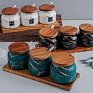 JFFLYIT 3 pcs round porcelain condiment jars set sugar bowl ceramic spice jars marble ceramic seasoning coffee and sugar canister set with bamboo wood lid wood tray and ceramic spoon（Green）