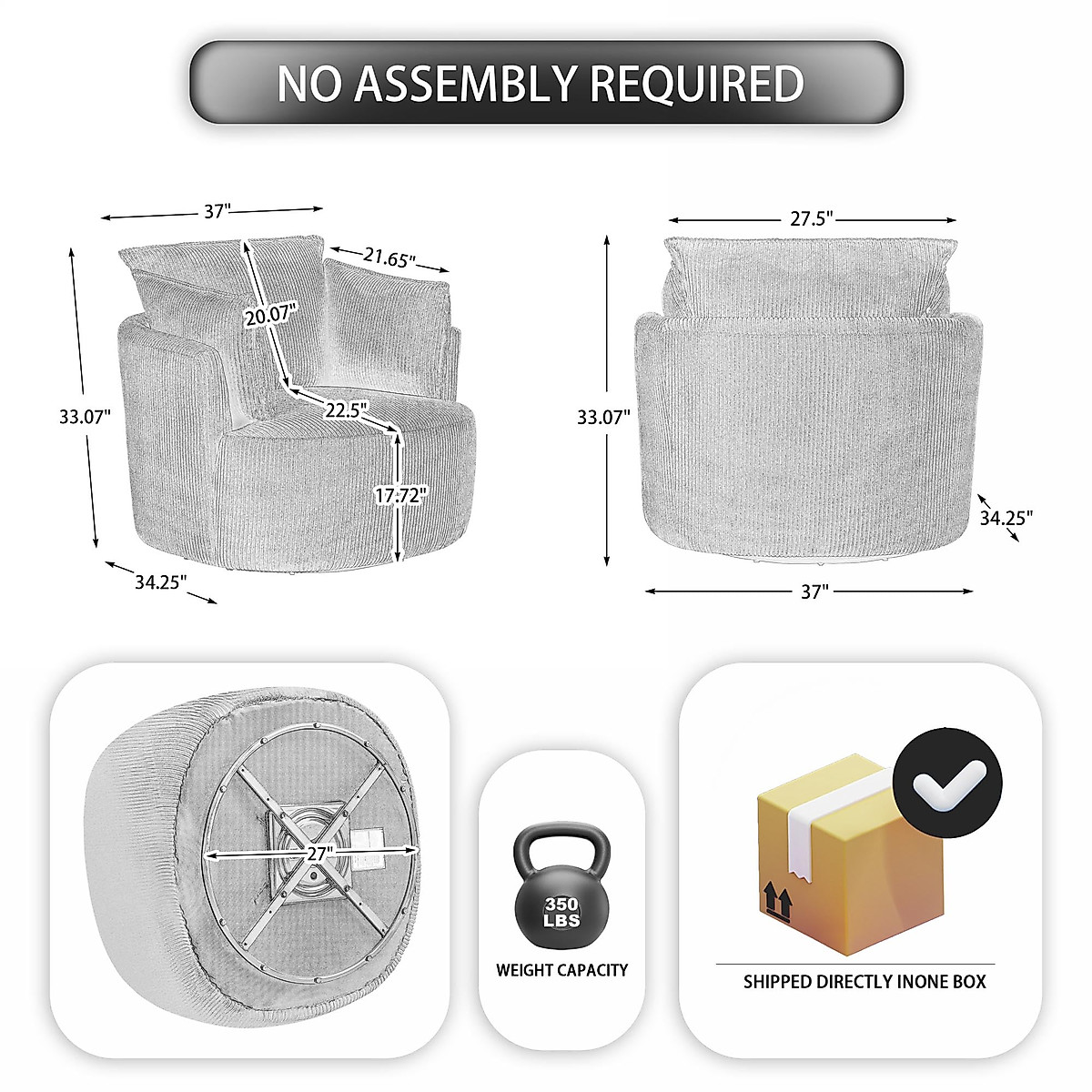 Chorlenimi Swivel Accent Chair,Corduroy Accent Chairs for Living Room,Comfy Living Room Chairs,Oversized Swivel Chair for Bedroom,360° Barrels Chairs,No Assembly Required