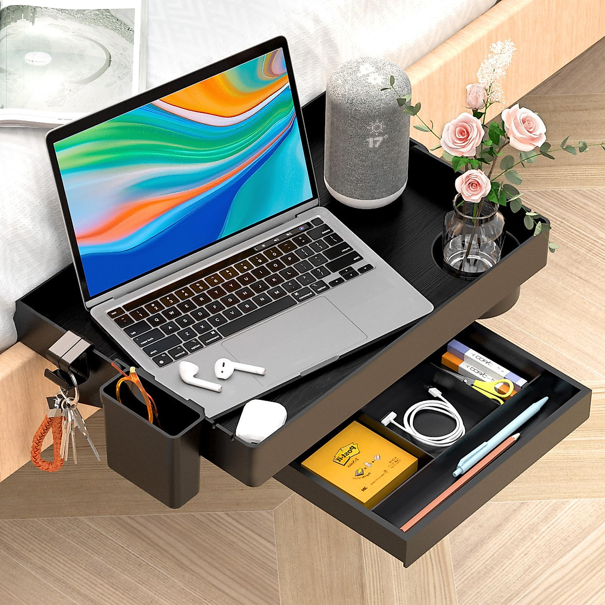 Ronlap Folding Bedside Shelf, Bunk Bed Shelf Organizer for Top Bunk Clip On Nightstand Plastic Bedside Shelf Tray for Kids with Cup Holder Hooks Hanging Cup, Plus Size with Drawer, Black