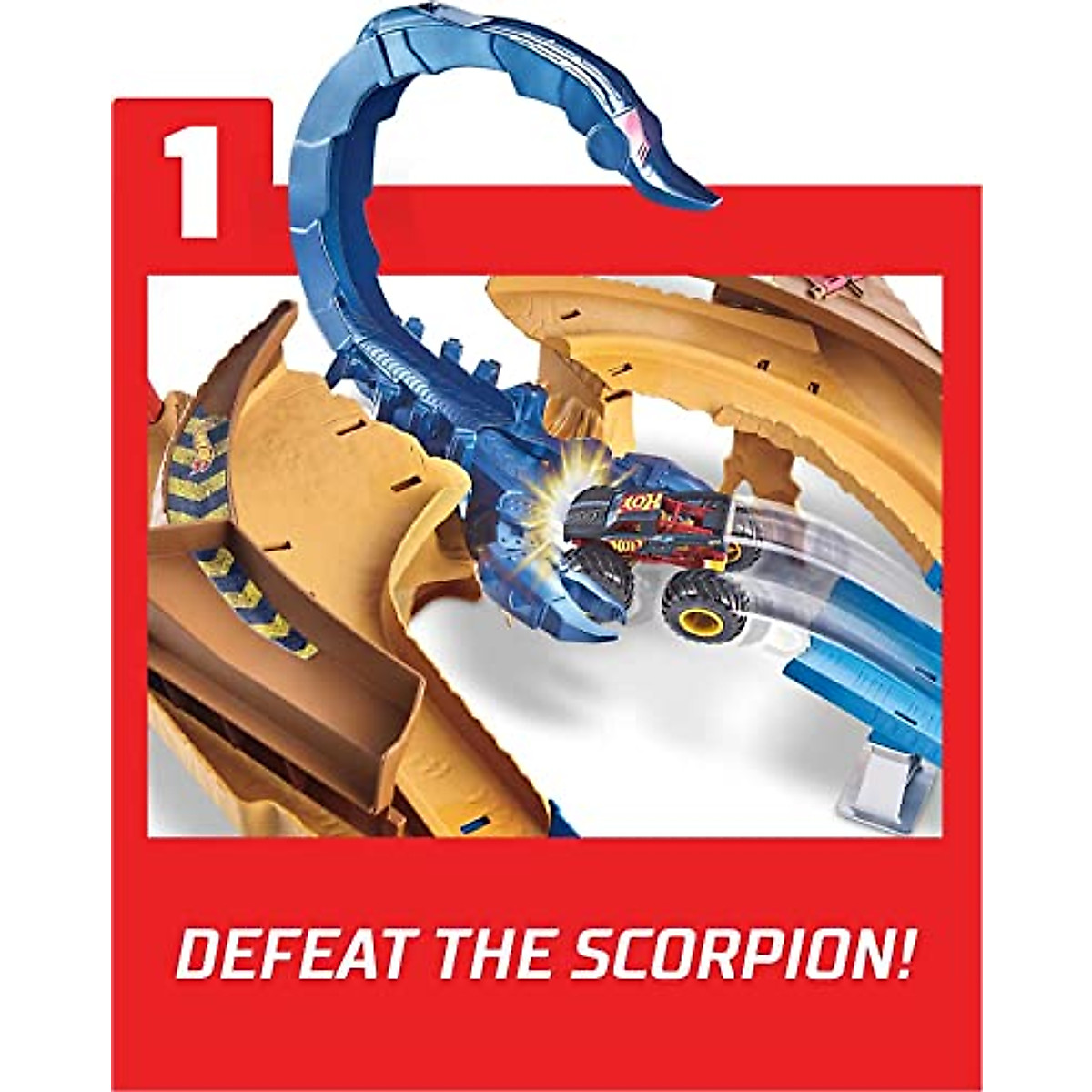 Hot Wheels Monster Trucks Scorpion Sting Raceway Track Set with 1 Toy Truck & 1 Hot Wheels Car in 1:64 Scale, Boosted Race Track
