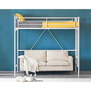 VINGLI Twin Loft Bed with Guard Rail Flat Ladder Rung, Metal Loft Bunk Bed Frame for Kids and Young Teens, No Box Spring Required, White