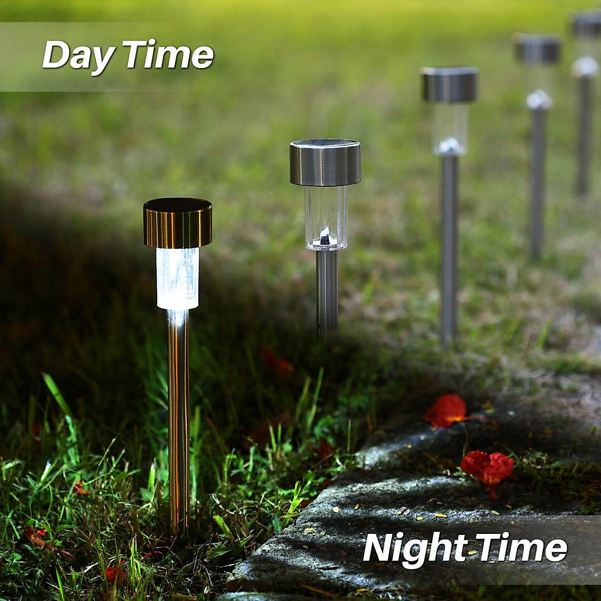 Outdoor Solar Lights Landscape Lighting: Deluxe 12 Pack Stainless Steel Solar Powered LED Patio Lights - Outside Pathway Deck Garden or Home Security Driveway & Backyard Path Light for Lawn or Walkway