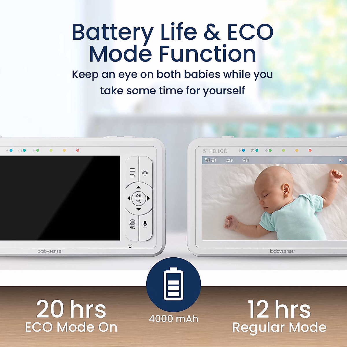 Babysense True Sleep Duo - HD Video & Movement Baby Monitor - HD Bundle Pack - HD Split Screen 5" Video Monitor with Two PTZ Cameras & Babysense 7 Under-The-Mattress Baby Movement Monitor - 2 in 1