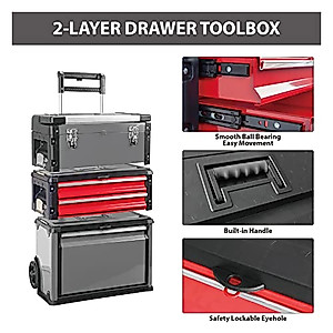 BIG RED TRJF-C305ABD Torin Garage Workshop Organizer: Portable Steel and Plastic Stackable Rolling Upright Trolley Tool Box with 3 Drawers, Red