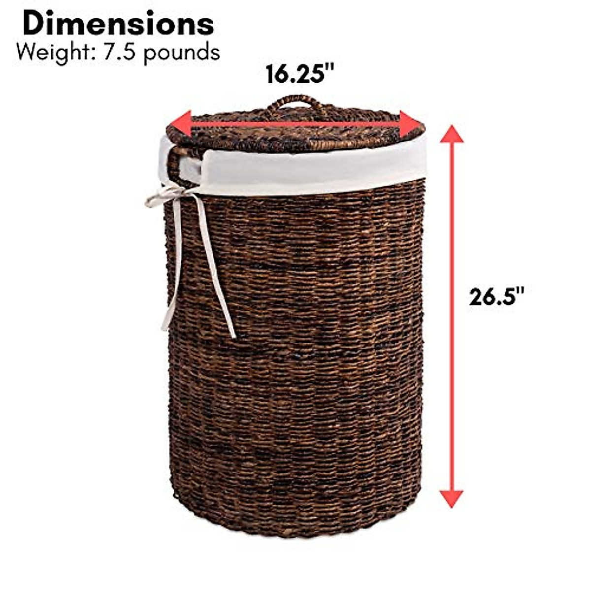 BirdRock Home Abaca Laundry Hamper with Liner - Round Clothes Bin with Lid - Organize Laundry - Cut-Out Handles for Easy Transport - Includes Machine Washable Canvas Liner (Espresso)
