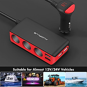 AUOPLUS 120W 3 Socket Cigarette Lighter Splitter Car Charger Adapter, LED Voltage Display Dual 4 USB Chargers(6.8A), Car Charger On/Off Switches 12V for iPhone iPad Samsung GPS Dashcam