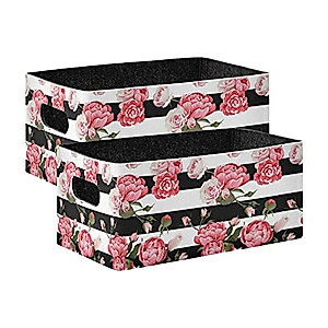 Oyihfvs Floral Peony and Roses Flowers On Black White Stripes 2 PCs Collapsible Storage Bins Baskets, Foldable Felt Fabric Organizer Cube Boxes Storage Bags for Shelves Closet Home Decor