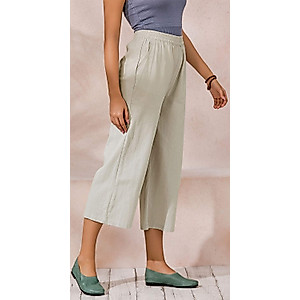 ECUPPER Womens Casual Loose Elastic Waist Cotton Trouser Cropped Wide Leg Pants Natural 18