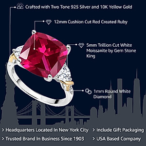 Gem Stone King 925 Silver and 10K Yellow Red Created Ruby White Moissanite and Diamond Ring For Women (8.95 Cttw, 12MM Cushion and 5MM Trillion, Available in Size 5,6,7,8,9)