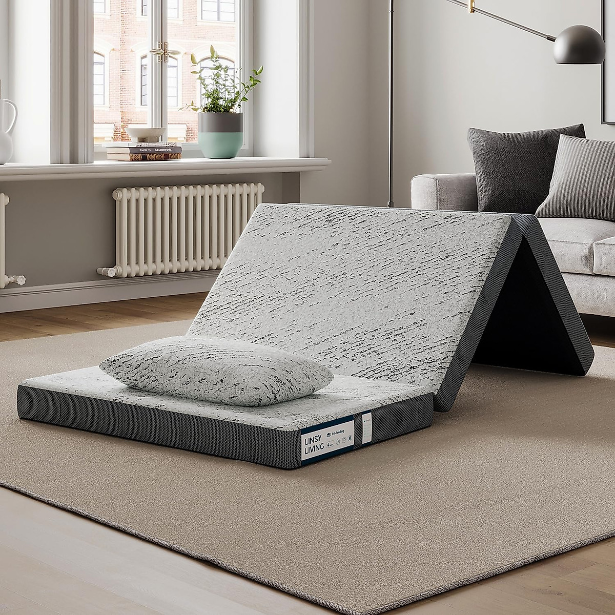 LINSY LIVING Twin XL Folding Mattress, 4 Inch Trifold Mattress with Soft Cover, Memory Foam Mattess, Foldable, Portable, Remoable&Washable Cover, Easy Storage, Twin XL Siz, 80" * 38", Grey