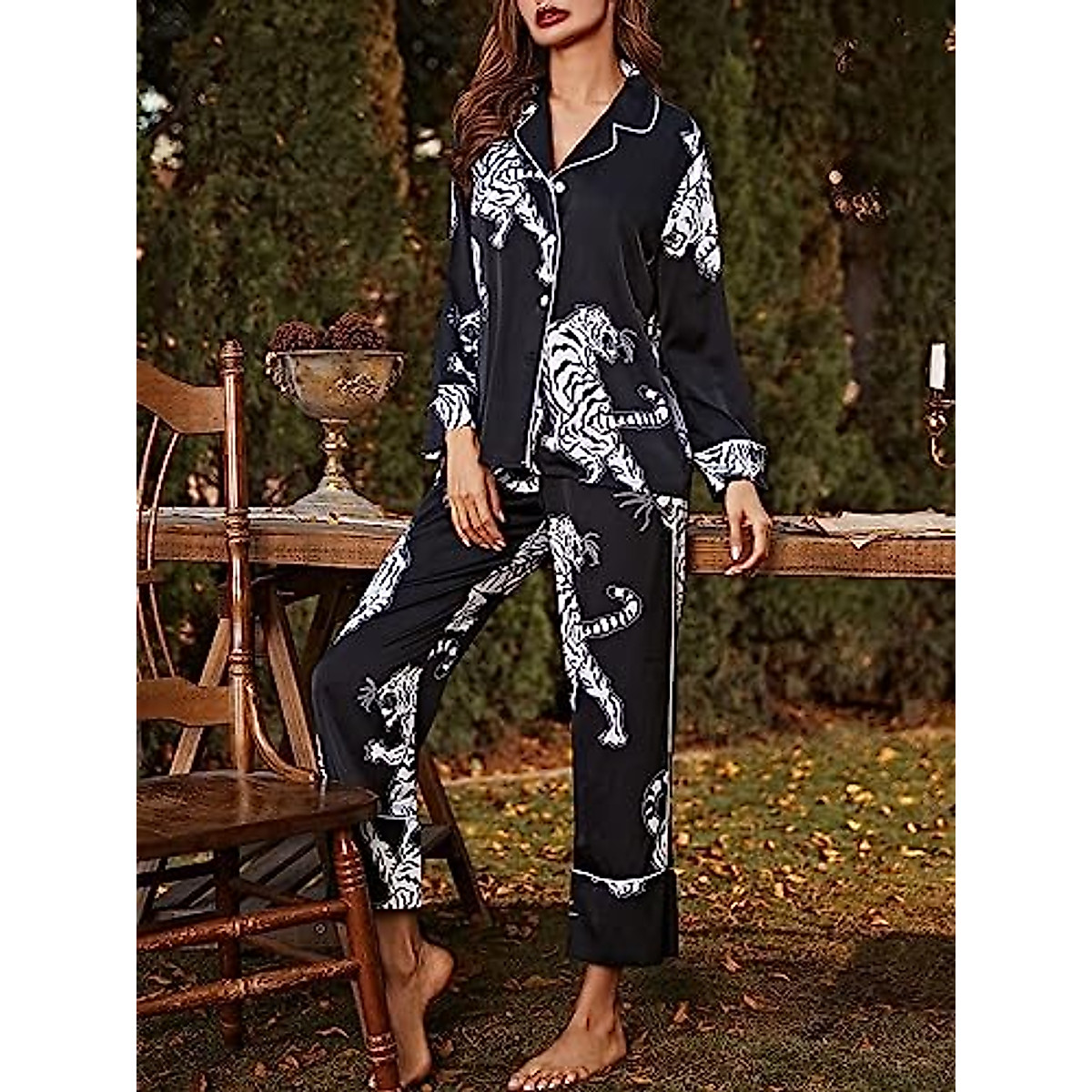 Brosloth Women's Silk Satin Pajamas Pjs Sets Cute Tiger Pattern Two Piece Loungewear Set Button Up Pajamas Sleepwear Black M