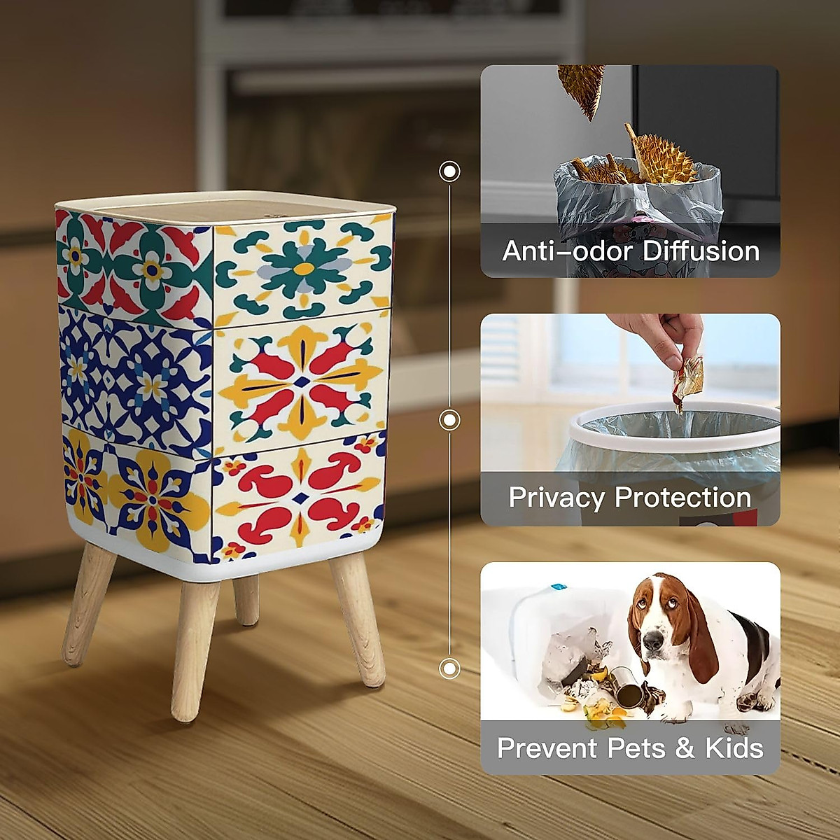 Small Trash Can with Lid Vintage tiles Traditional geometric ornate ceramic tiles seamless Wastebasket with Press Cover Dog Proof Garbage Can Waste Bin for Kitchen Bathroom Nursery 2.6 Gallon
