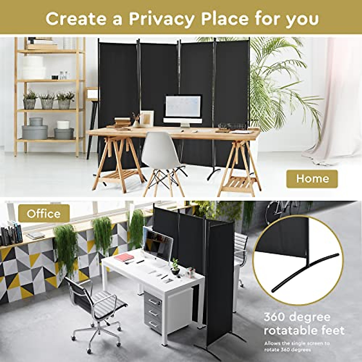 Giantex 5.6 Ft Tall 4 Panel Room Divider Black, Lightweight Portable Folding Privacy Screen, Freestanding Partition Wall Divider and Separator for Bedroom Home Office Apartment Studio
