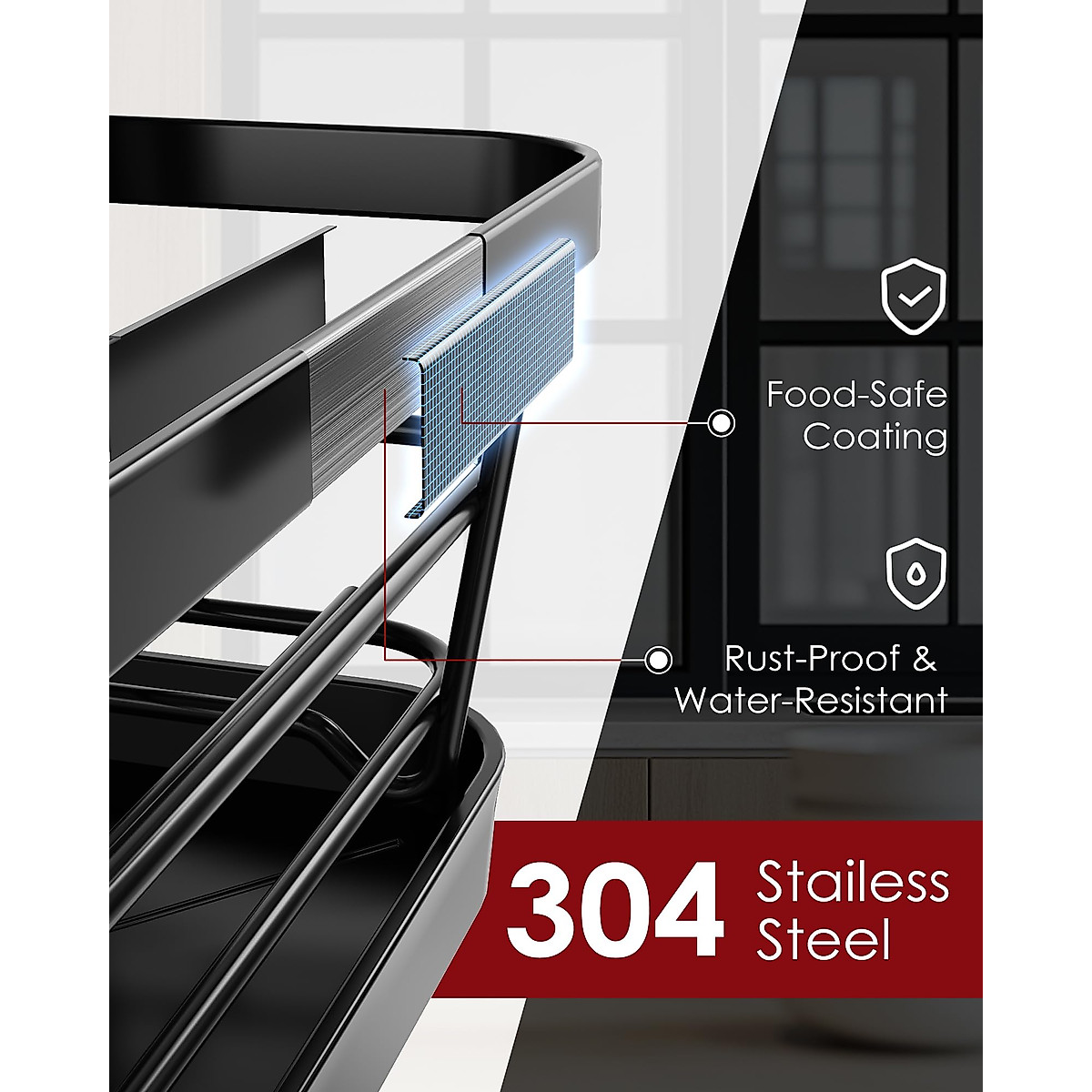 Sakugi Dish Drying Rack - Compact Dish Rack for Kitchen Counter with a Cutlery Holder, Durable Stainless Steel Kitchen Dish Rack for Various Tableware, Dish Drying Rack with Easy Installation, Black