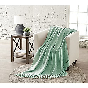 Tahari Home | James Collection | Green Solid Chenille Woven Fringe Throw, 50" x 60"