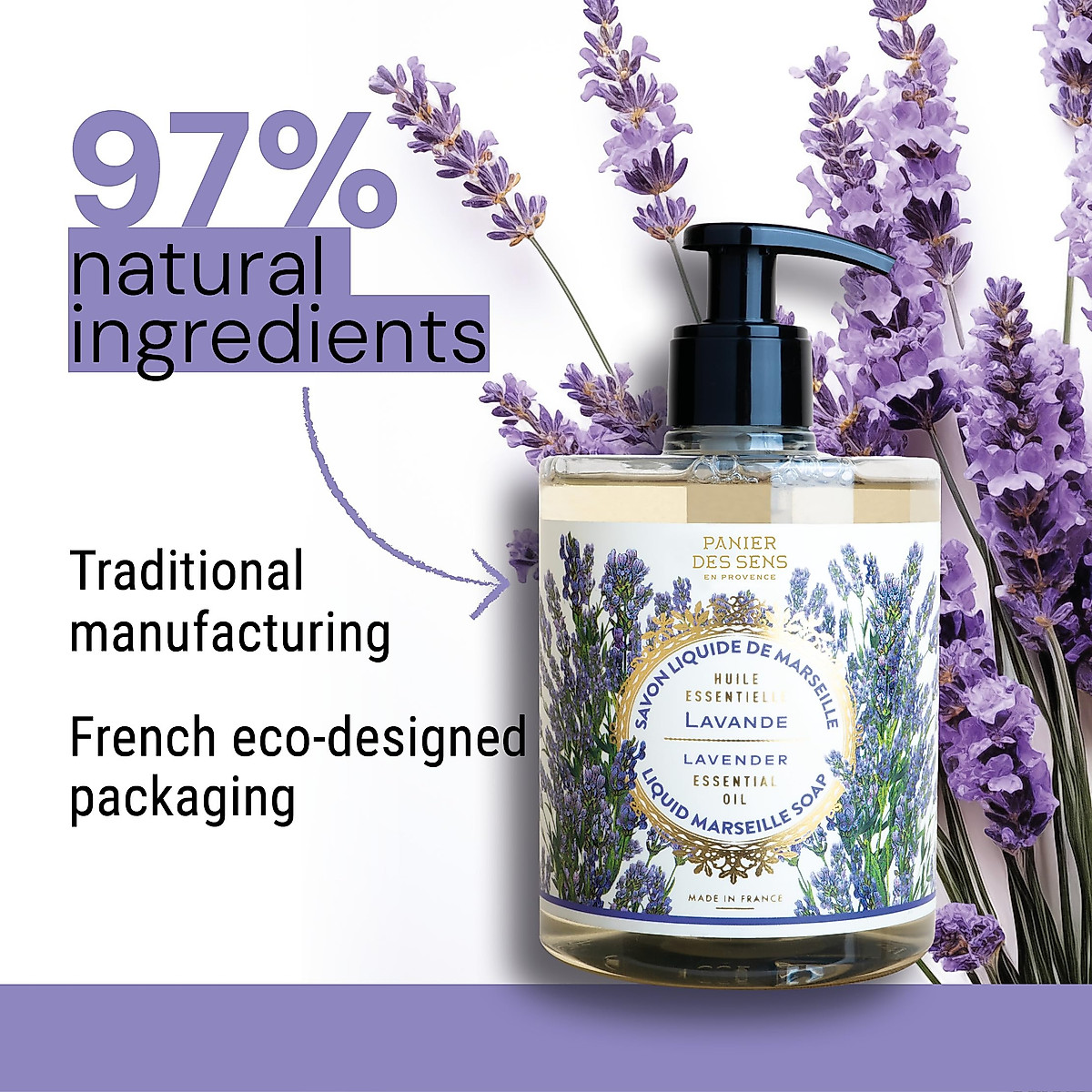 Panier des Sens - Liquid Hand Soap - Lavender Hand Wash - French Marseille Moisturizing Hand Soap with Coconut Oil - Refillable Kitchen & Bathroom Hand Soap - 97% Natural Ingredients -16.9 Fl.oz