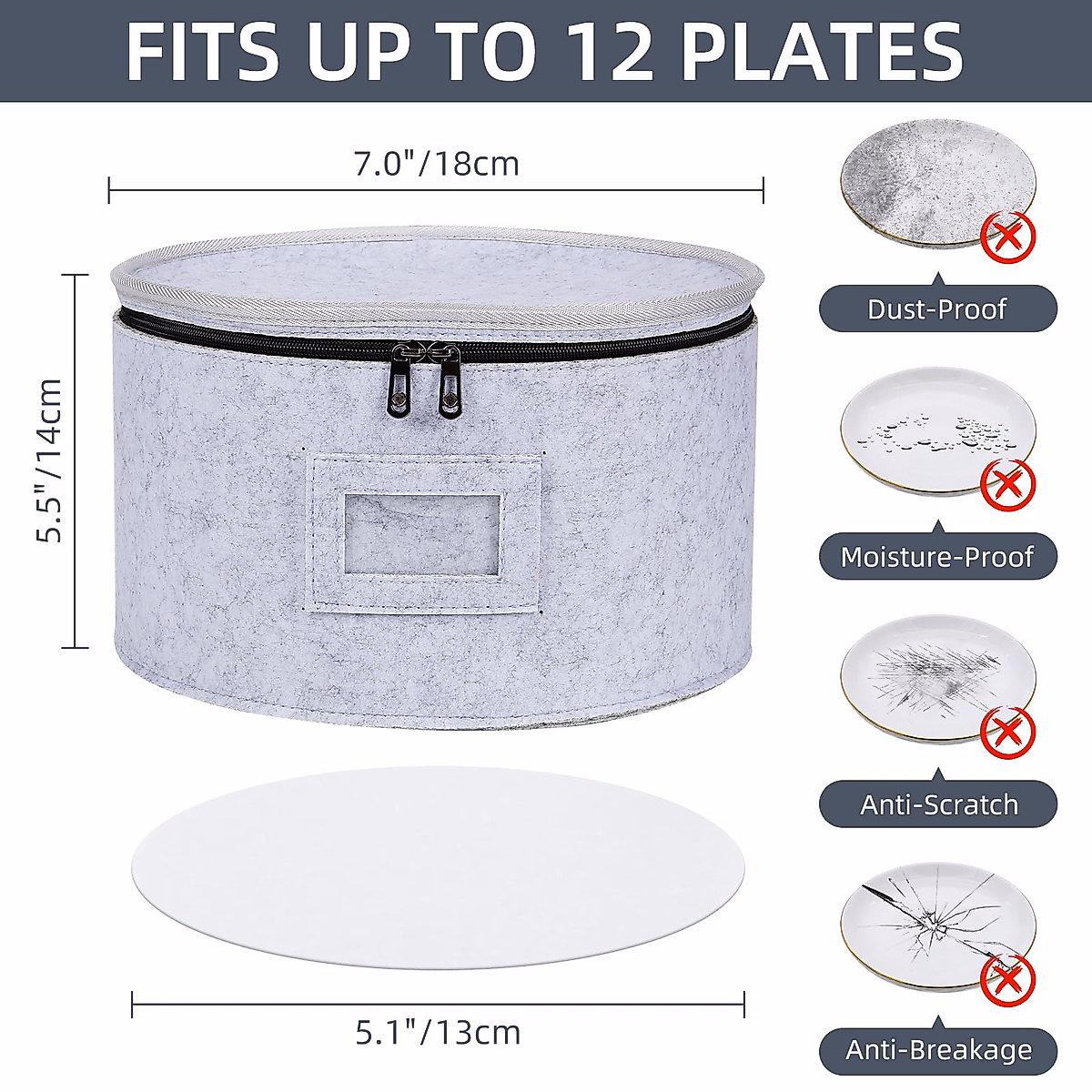 LITLANDSTAR Modern China Storage Case, 7" W x 5.5" H Thick Felt Plate Quilted Case with 12 Felt Dividers for Dinnerware Storage and Transport