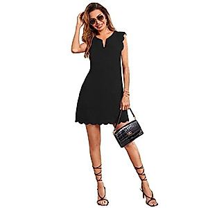 LYANER Women's Notched Neck Scallop Trim Sleeveless A-Line Short Mini Dress Black Medium