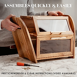 Arise Stylish Acacia Bread Box for Kitchen Countertop, Extra Large 2-Shelf Wooden Bread Storage Container with Clear Windows and Air Vents Keep Bread, Bagels and Rolls Fresh, Self Assembly