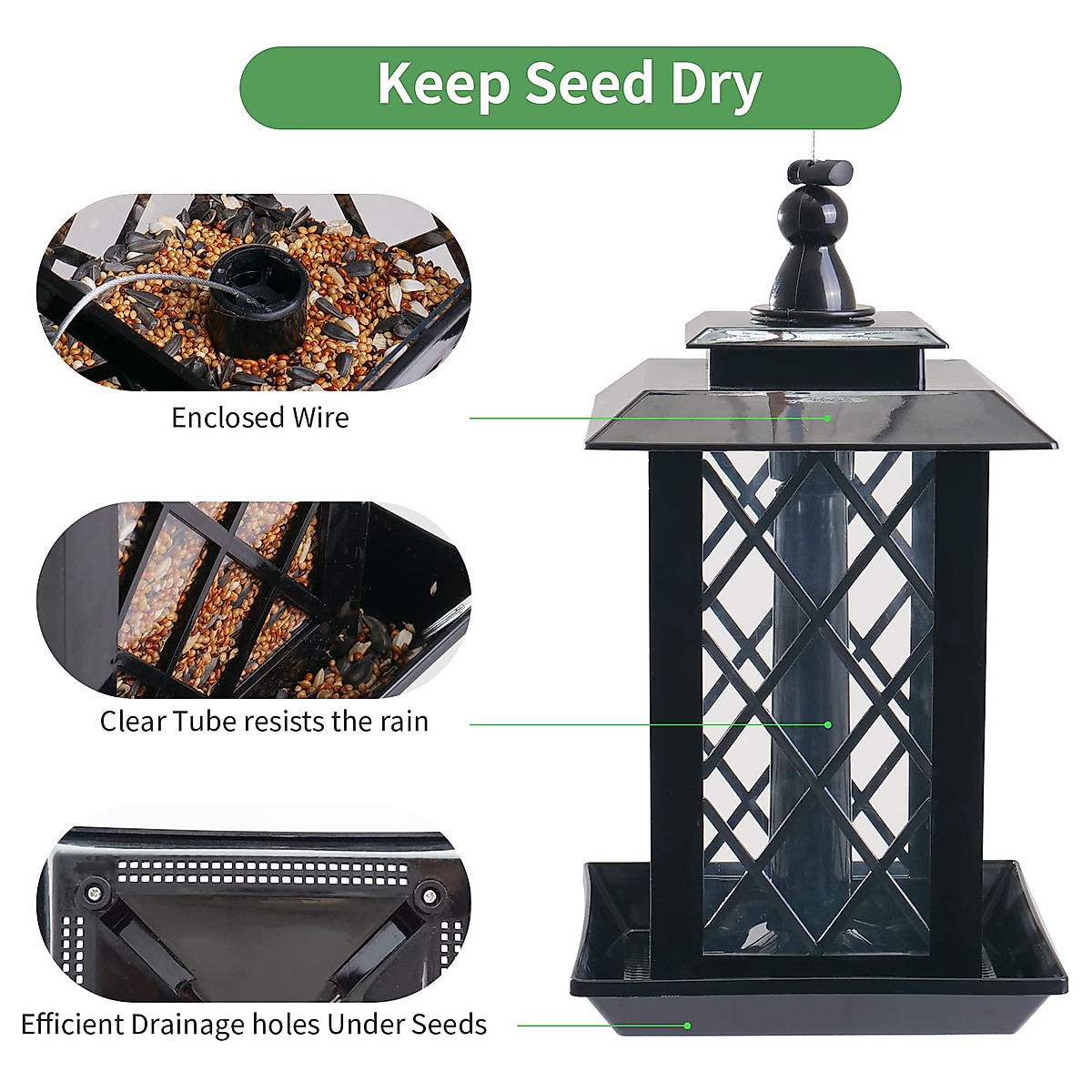 Vivace Large Bird Feeders for Outdoors Hanging Bird Feeder, 3.2lb Capacity Seed Feeder Lantern Wild Bird Feeders for Outside Hanging, Black