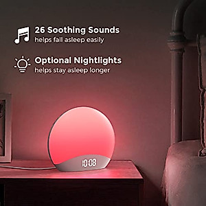 REACHER Sound Machine Sunrise Alarm Clock with Night Light, Wake Up Light, 26 Stereo Soothing Sounds, Dimmable LED Display, Bedside Reading Lamp, Sleep Timer, White Noise Machine for Baby, Bedroom