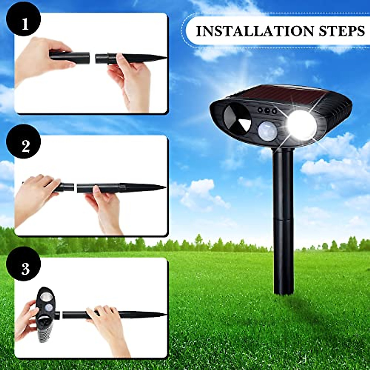 Kittmip Ultrasonic Animal Repeller Outdoor Solar Repellent Deterrent with Motion Sensor Waterproof Scarer Repel Cat Dog Squirrel Raccoon Skunk Rats, Black (8)