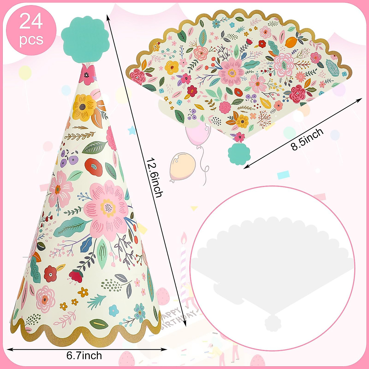 Saypacck 24 Pcs English Garden Birthday Party Hats for Kids Floral Birthday Hats Garden Themed Party Cone Hats Colorful Paper Hats for Adults Birthday Baby Shower Party Supplies