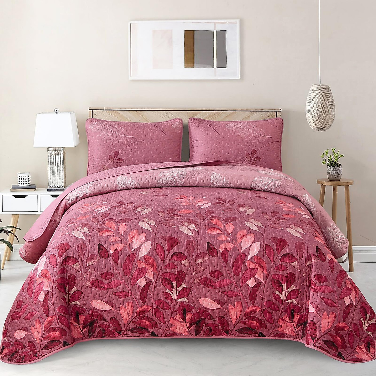 WONGS BEDDING Red Floral Quilt Set King Size,3 Pieces Botancal Leaves Bedspread Coverlet Set with 2 Pillowcases for All Season, Soft Microfiber Floral Bedding Set 104"×90"