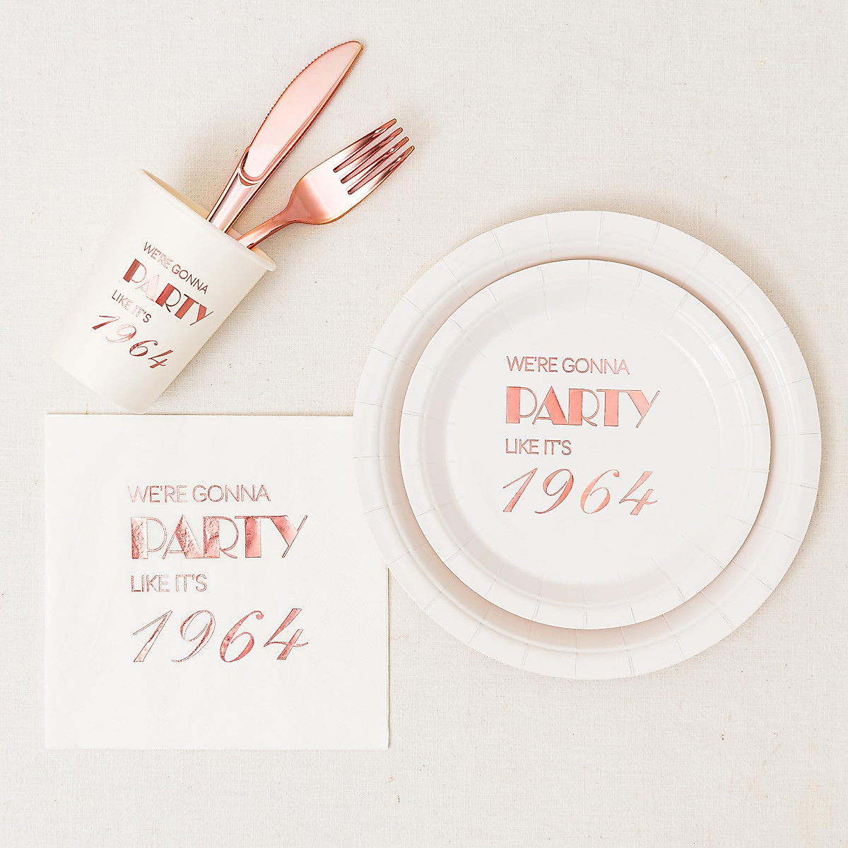 Crisky Rose Gold Tableware Set for Women 60th Birthday Party Decorations Supplies, Party 1964 Set of 24 (9" & 7" Plates, Luncheon Napkin, 9oz Cups, 106"×54" Tablecloth, Knife & Fork)
