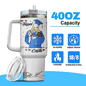 99OWL Graduation Girl Adventure, Tumbler 40 Oz With Handle Lid And Straw, Graduation Gifts, White Light Class Of Purple Handle Gold Tumblers Royal Navy Rose Blue Heart