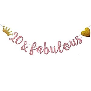 20 & Fabulous Banner, Pre-Strung, No Assembly Required, Funny Rose Gold Paper Glitter Party Decorations for 20th Birthday Party Supplies, Letters Rose Gold,ABCpartyland