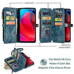 Defencase Moto G Stylus 5G Case (2021), Moto G Stylus 5G Case Wallet for Women Men, Durable PU Leather Magnetic Flip Strap Zipper Card Holder Phone Case for Motorola Moto G Stylus 5G, Blue-Green