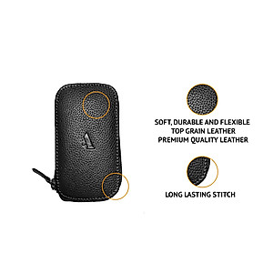 Adamis Full Grain Genuine Leather Keychain Holder Pouch, Key Case, Soft Strong and Compact Organizer and Wallet with Zip Closure for Extra Safety and 6 Key Holder Hooks in Black