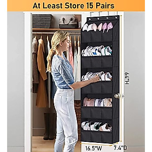 AOODA Over The Door Shoe Organizer Storage, Holds 15 Pairs Hanging Shoe Rack for Door with Large Deep Pockets, Narrow Door Shoe Holder for Closet Wall with 4 Hooks, Black