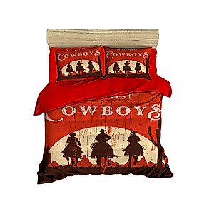 3D Printed Cowboy Bedding Set, Wild West Cowboys Western Style and Horses Themed 100% Cotton Quilt/Duvet Cover Set, Special Design, Vintage Bed Set, Red, Full/Queen Size, No Flat or No Fitted (3 Pcs)