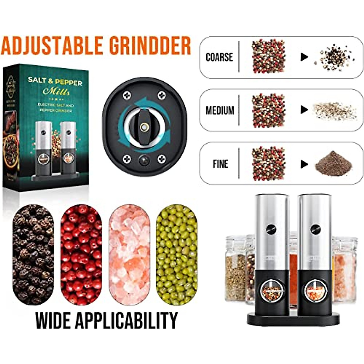 Electric Pepper and Salt Grinder Set, Adjustable Coarseness, Battery Powered with LED Light and Storage Base, One Hand Automatic Operation, Stainless Steel, 2 Pack