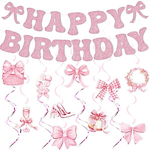 25 Pcs Coquette Birthday Decorations Glitter Happy Birthday Banner Pink Bow Hanging Swirls Pink Bow Birthday Decorations Bow Themed Party Decor for Baby Shower Girls Women Birthday Party Supplies