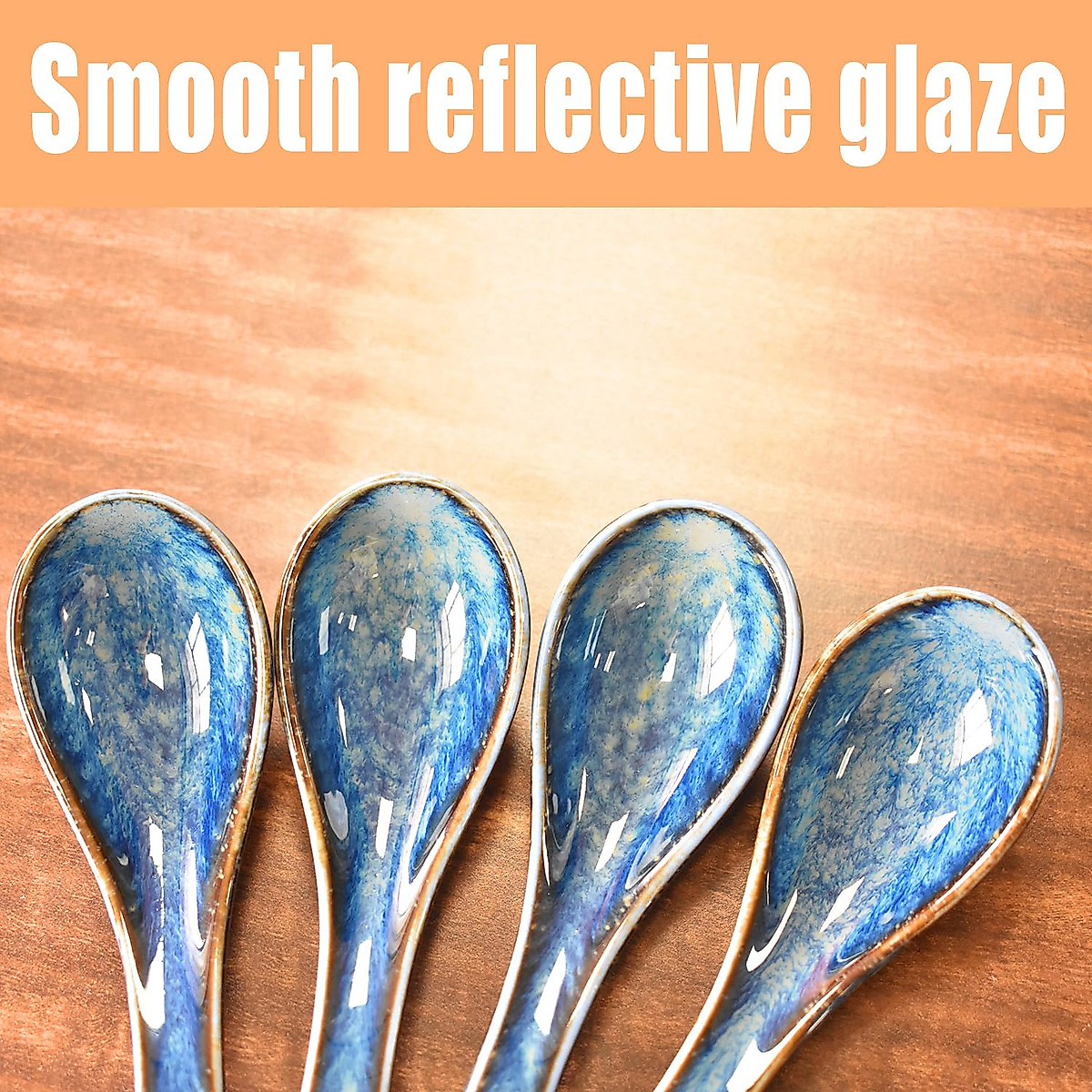 BOEEA 4 Pieces Soup Spoon Set, Asian Soup Spoon, Long Handle Ceramic Soup Spoons, Retro Blue Ramen Bowl Soup Spoon Suitable for Soup, Dumplings, Gravy, Cake, Oatmeal