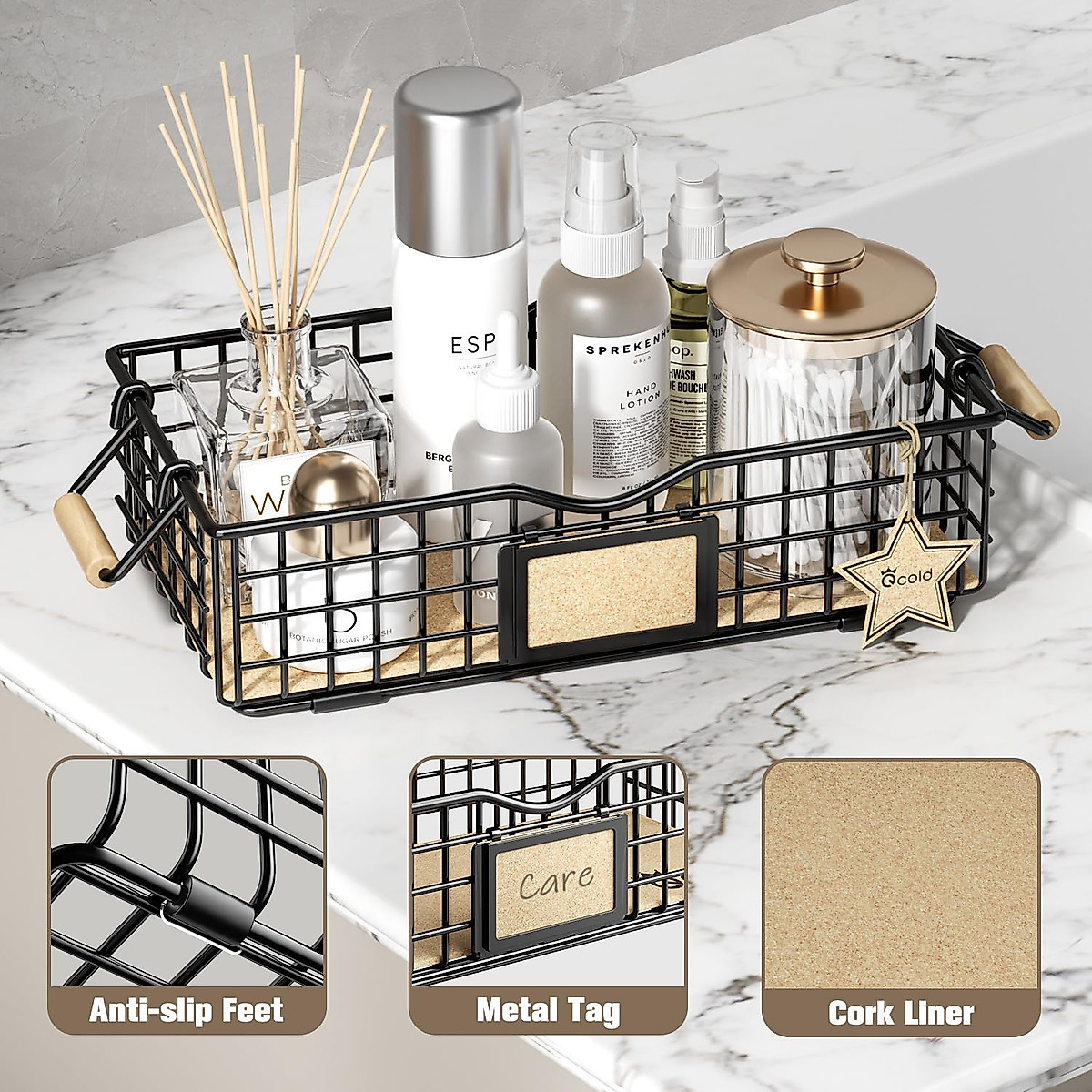 Qcold Bathroom Organizers and Storage, 3 Pack Storage Baskets for Shelves, Multipurpose Closet Storage Bins with Wooden Handle, Decor Organizer Basket Set for Bathroom, Laundry, Living Room - Black