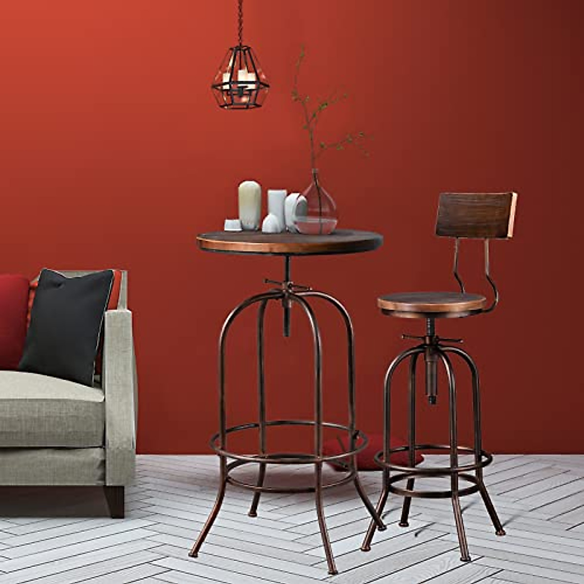 LOKKHAN Bar Table Set with 2 Backrests Stools,3-Piece Round Table Compact Chairs Counter Bar Height Tabletop for Kitchen Dining Living Party Bistro Breakfast,Space-Saving,Most Welded(Copper & Brown)