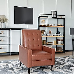 Flash Furniture Erza LeatherSoft Button Tufted Pushback Recliner, Mid-Century Modern Recliner Chair for Residential and Commercial Use, Cognac Brown