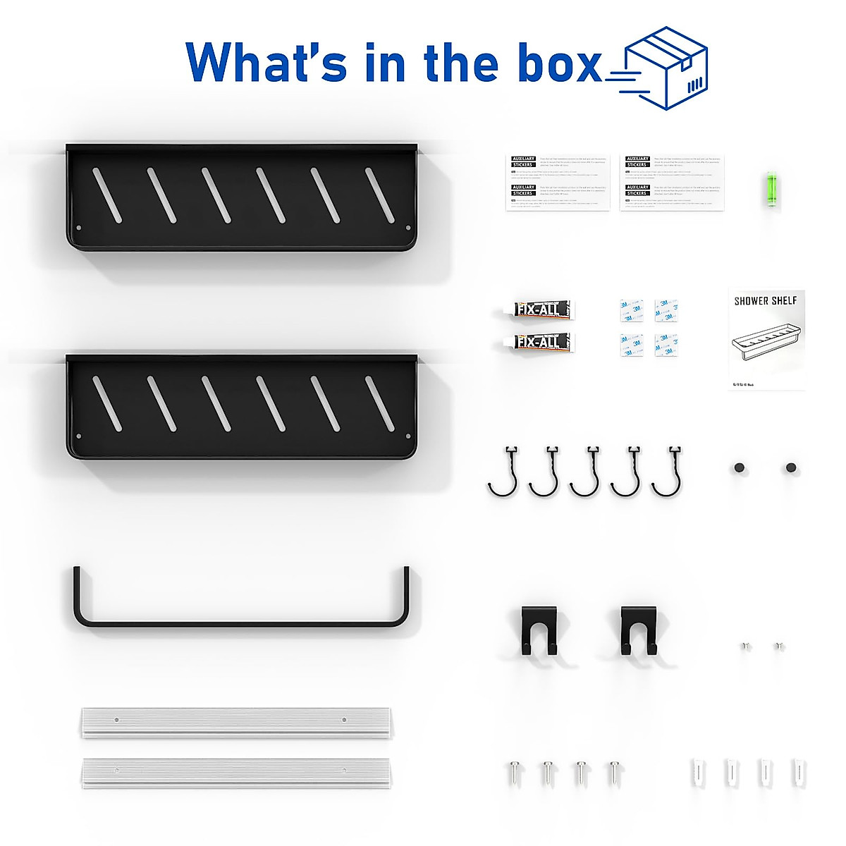 Big Lighting Deals Shower Caddy With Hooks And Towel Bar, Self Adhesive Shower Shelves For Bathroom Wall, Rust Proof Shower Shelf For Inside Shower, Shower Organizer, Black, No Drill, 2 Pack