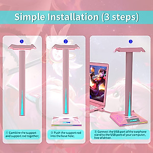NACODEX Pink RGB Gaming Headphone Stand with 3.5mm AUX & 2 USB Port, Touch Control 10 Lighting Mode Headset Holder for PC Gamers Desk Accessories (Pink)